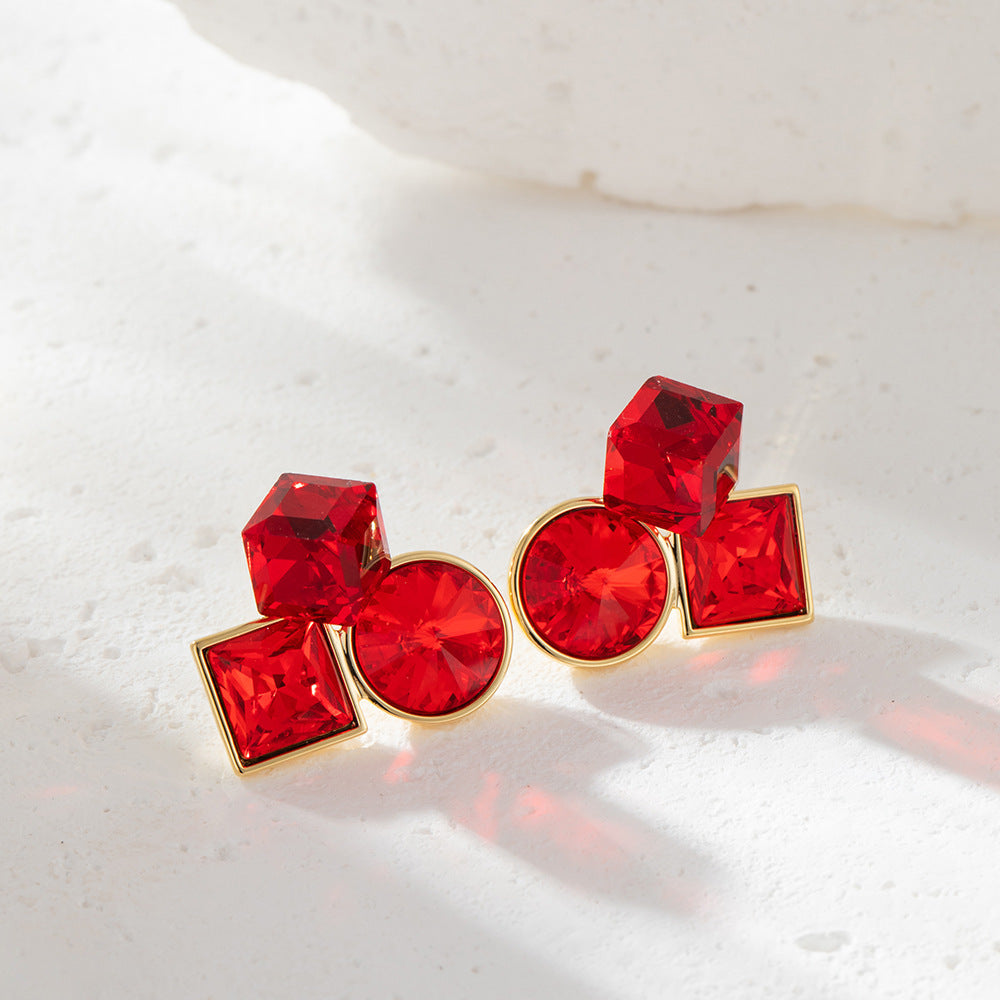 6 pc - Three-Dimensional Geometric Crystal Earrings - Red (Unit Price ...